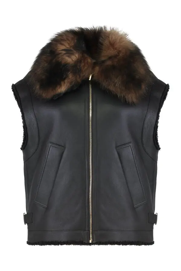 Fendi Shearling-trim Nappa Lamb Leather Gilet With Ff Buckles