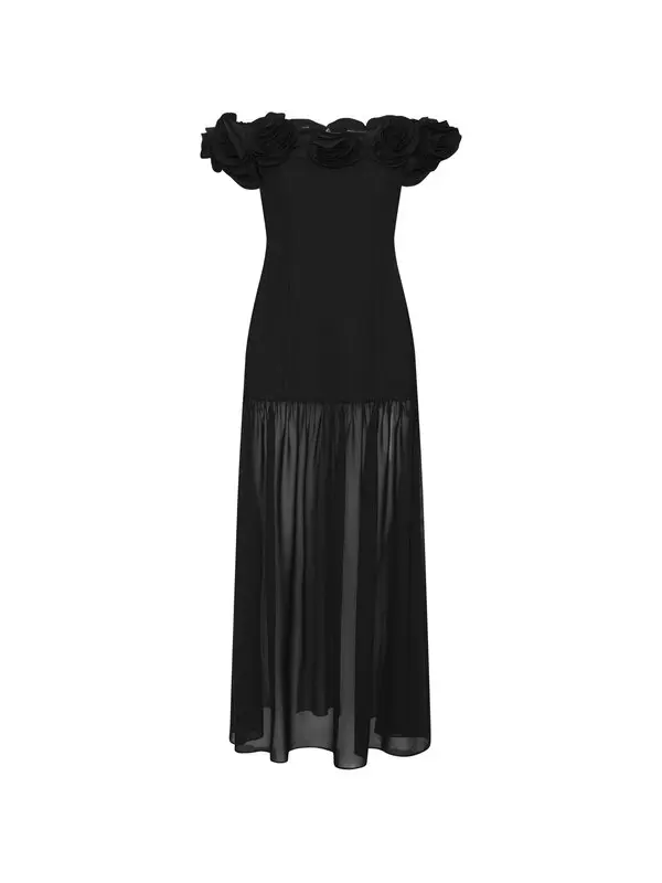 ROTATE BY BIRGER CHRISTENSEN Long Off-the-shoulder Dress With Floral Embellishments And Sheer Skirt - Nero