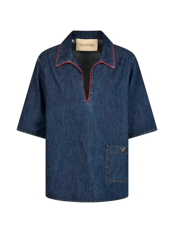 Valentino Garavani V-neck Cotton Shirt With Front Pocket And Metal Logo - Blu