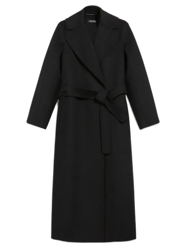 Max Mara Hand-sewn Double-drape Pure Wool Belted Jacket With Lapel Collar & Silk-lined Sleeves - Nero