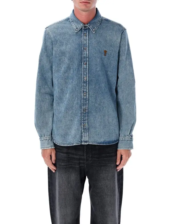 AMI Paris Stonewashed Cotton Denim Button-down Shirt With Of Coeur Chest Embroidery - Blue Used