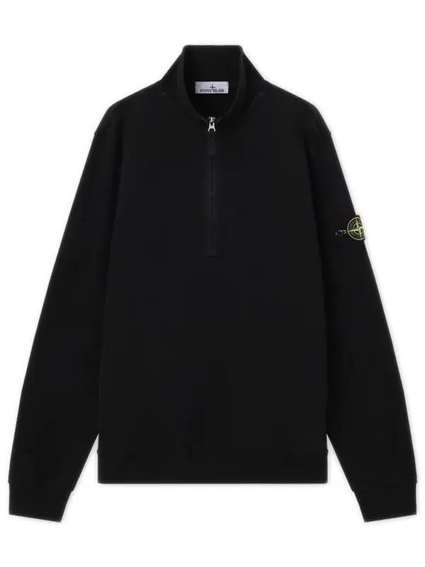 Stone Island Cotton Half-zip Sweatshirt With Ribbed Collar, Cuffs & Hem - Nero