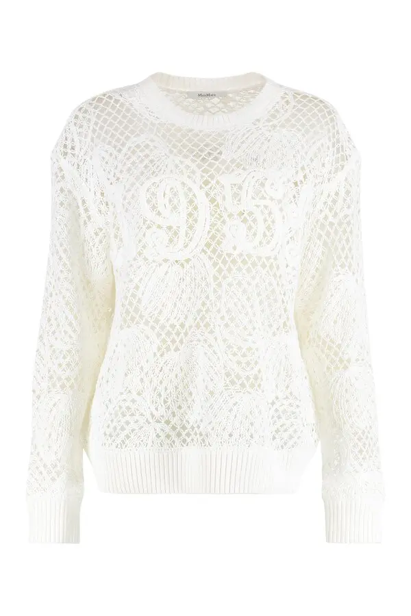 Max Mara Crochet Knit Cotton Crewneck Sweater - White