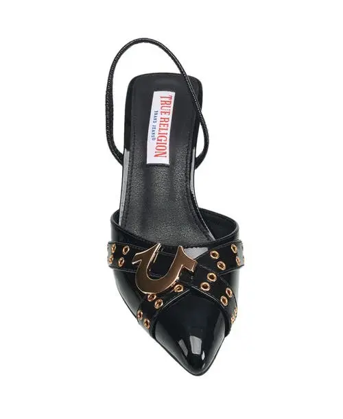 True Religion Patent Leather Slingback Pumps With Metal Buckle - Black