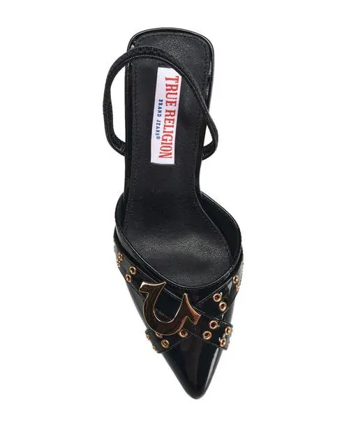 True Religion Patent Leather Slingback Pumps With Metal Buckle - Black