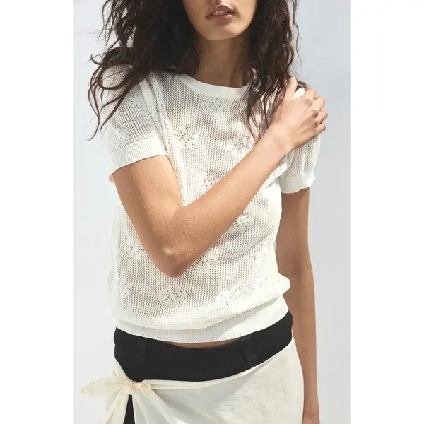 Mango Floral Crochet Short Sleeve Sweater