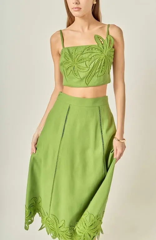 English Factory Palm Tree Embroidered Midi Skirt