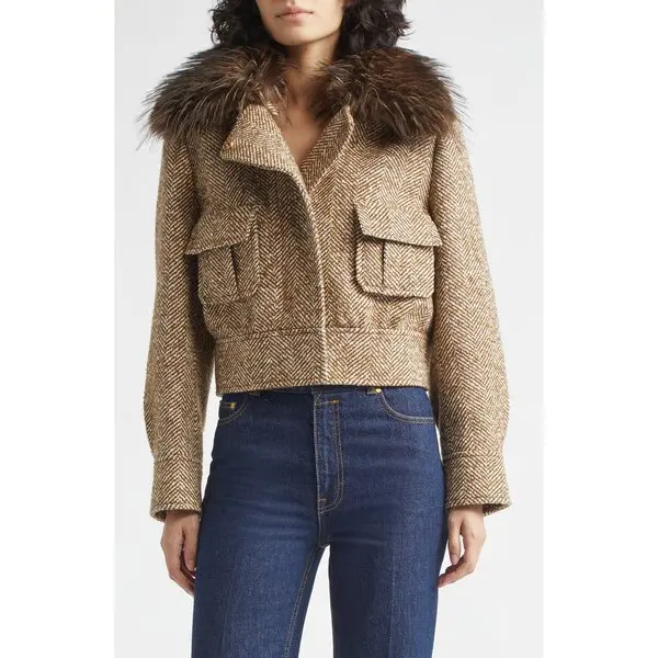 Zimmermann Valiant Crop Faux Fur Collar Herringbone Jacket