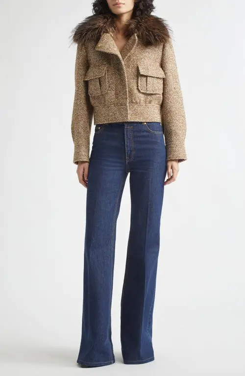 Zimmermann Valiant Crop Faux Fur Collar Herringbone Jacket