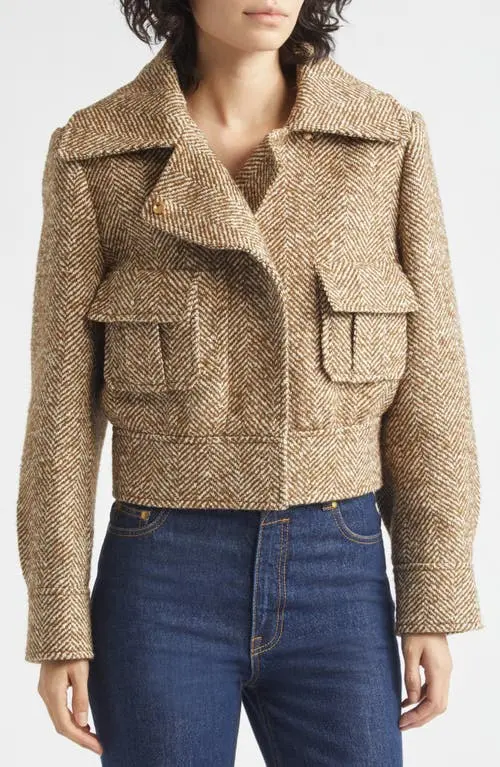 Zimmermann Valiant Crop Faux Fur Collar Herringbone Jacket