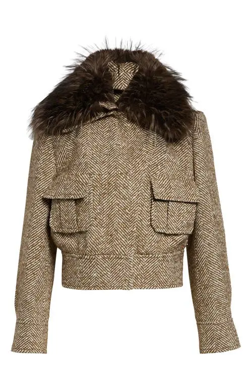 Zimmermann Valiant Crop Faux Fur Collar Herringbone Jacket