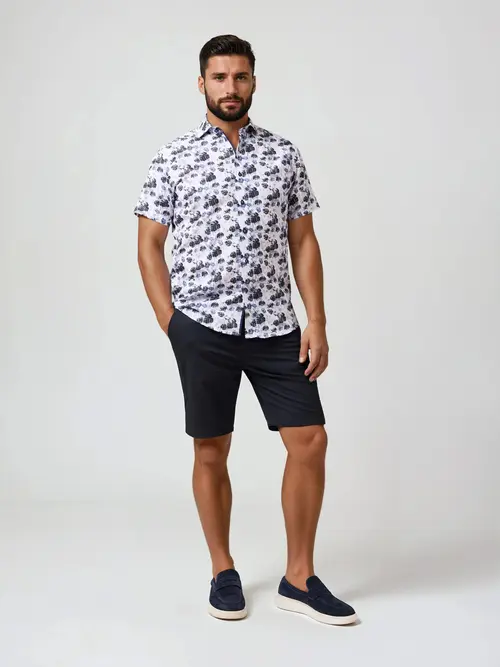 Stone Rose Linen Floral Palm Print Ss Button-up Shirt