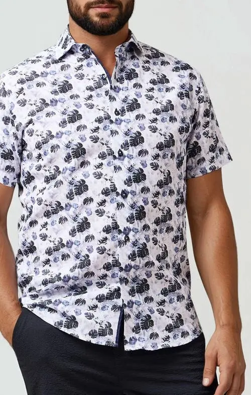 Stone Rose Linen Floral Palm Print Ss Button-up Shirt