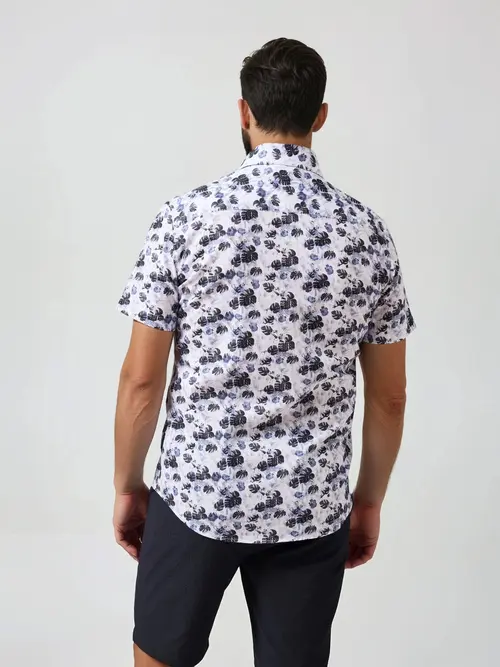 Stone Rose Linen Floral Palm Print Ss Button-up Shirt
