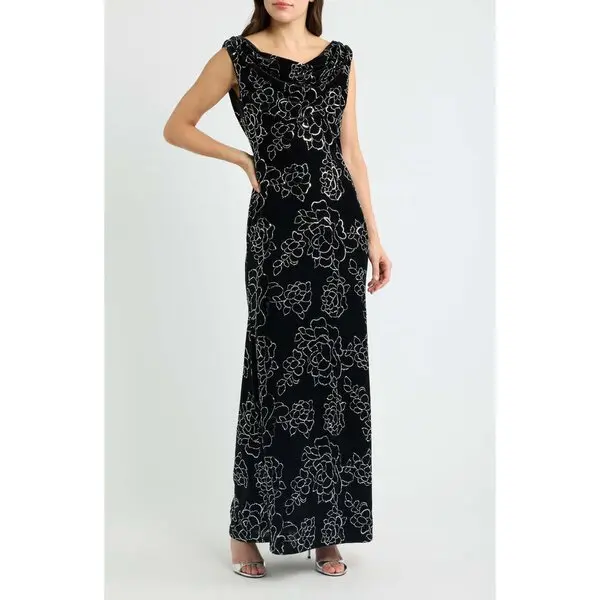 Eliza J Floral Sequin Drape Neck Velvet Gown