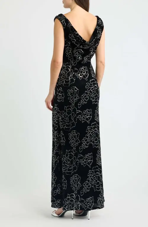 Eliza J Floral Sequin Drape Neck Velvet Gown