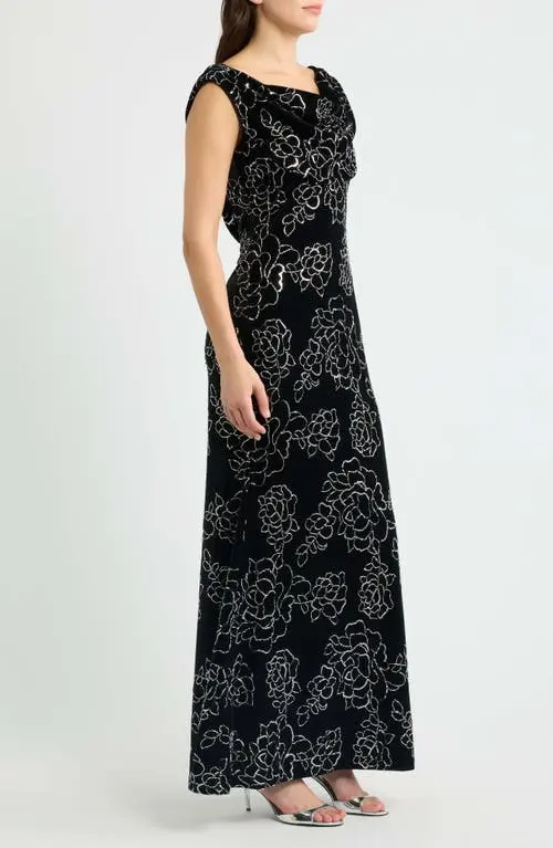 Eliza J Floral Sequin Drape Neck Velvet Gown