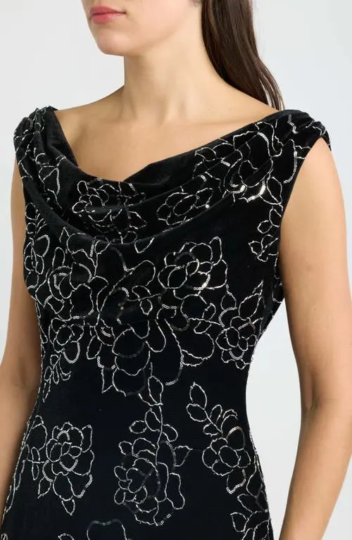 Eliza J Floral Sequin Drape Neck Velvet Gown