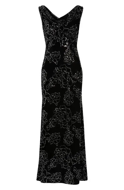 Eliza J Floral Sequin Drape Neck Velvet Gown