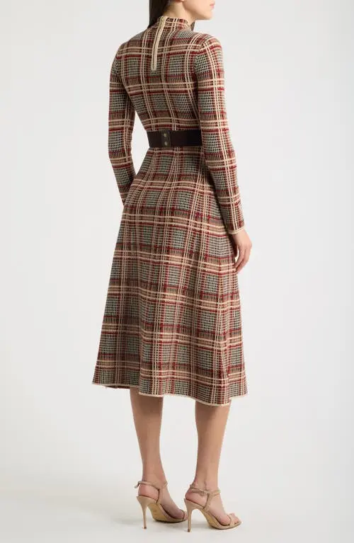 Eliza J Plaid Mock Neck Long Sleeve Midi Dress