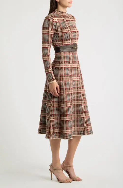 Eliza J Plaid Mock Neck Long Sleeve Midi Dress
