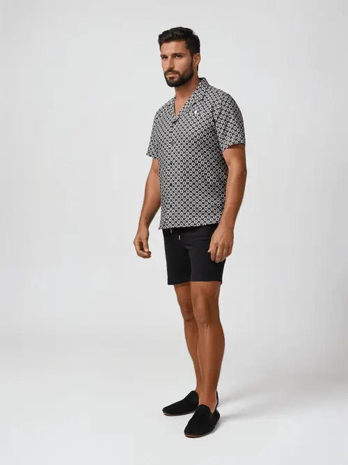 Stone Rose Linen Retro Geo Print Ss Resort Shirt