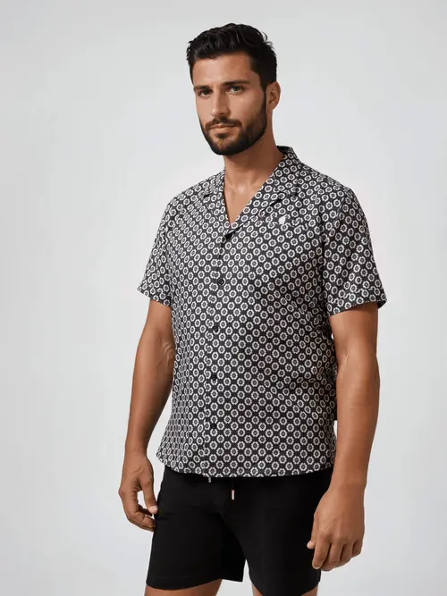 Stone Rose Linen Retro Geo Print Ss Resort Shirt