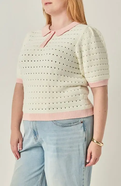 Endless Rose Colorblock Pointelle Short Sleeve Polo Sweater