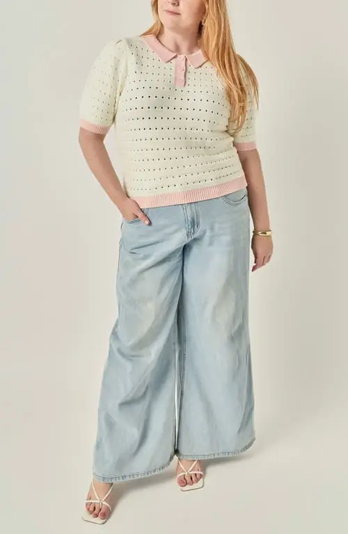 Endless Rose Colorblock Pointelle Short Sleeve Polo Sweater