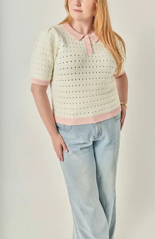 Endless Rose Colorblock Pointelle Short Sleeve Polo Sweater