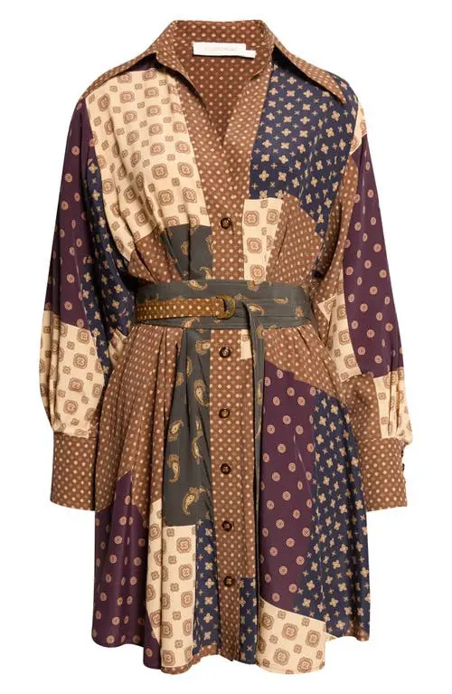 Zimmermann Patchwork Print Belted Long Sleeve Shirtdress