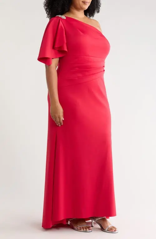 JESSICA HOWARD Cape Sleeve One Shoulder Gown
