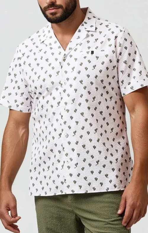 Stone Rose Seersucker Cactus Print Resort Ss Button-up Shirt