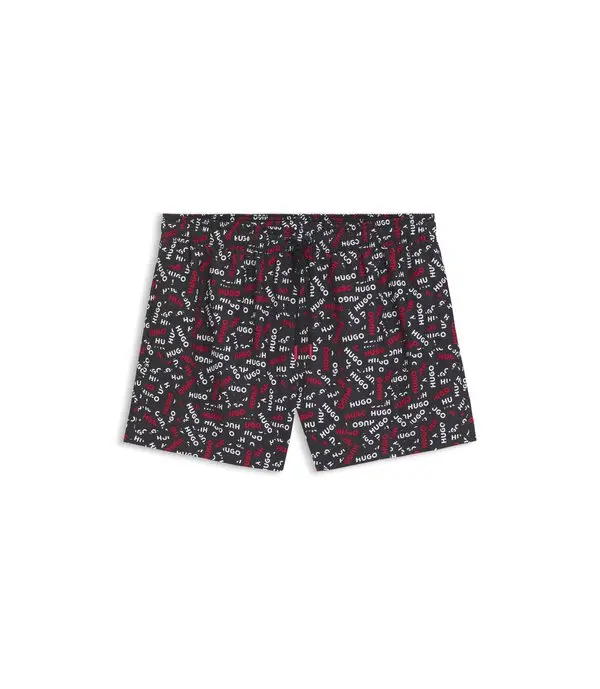 Hugo Drawstring Swim Shorts With All-over Logo Print - Light Grey
