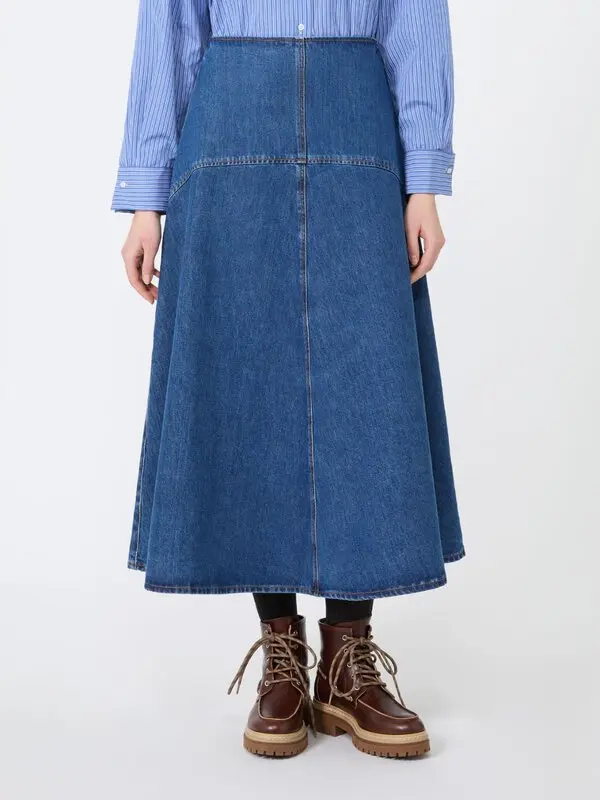 Max Mara Flared Denim Skirt With Contrast Stitching - Navy