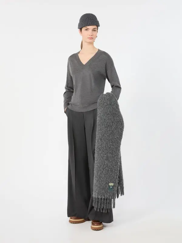 Max Mara Wide Leg Tailored Wool Trousers With Double Pleats - Dark Grey