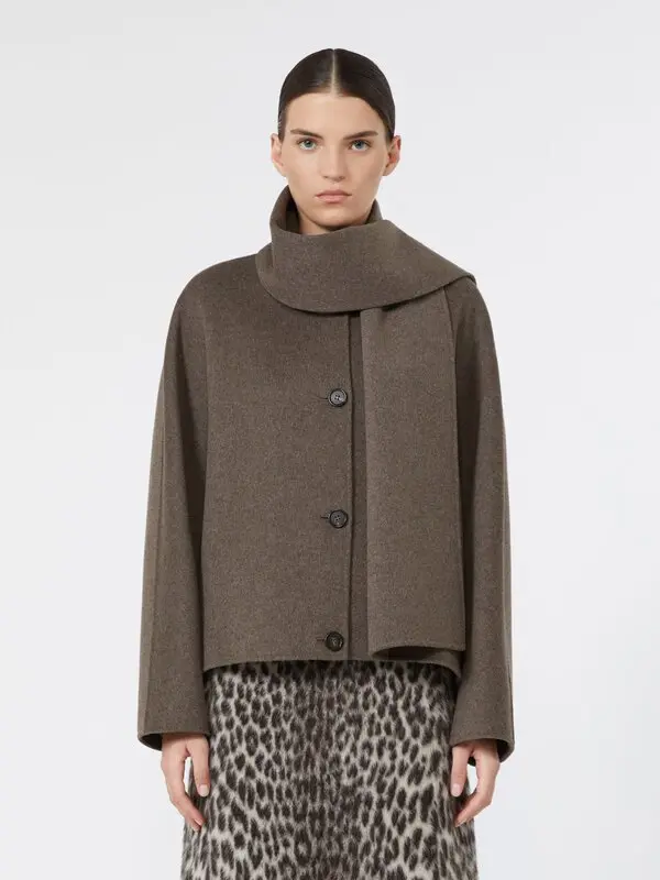 Max Mara Cropped Wool Broadcloth Jacket With Scarf - Medium Grey