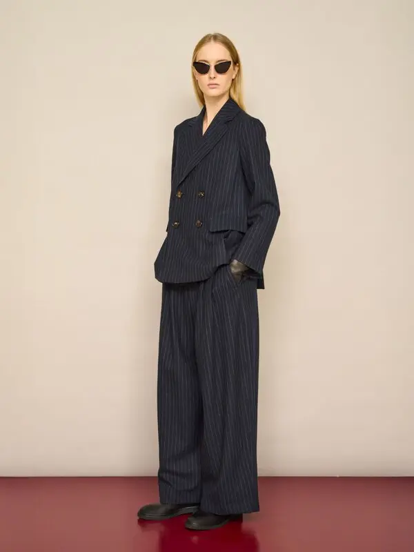 Max Mara Chalk-stripe Wool Pleated Wide-leg Trousers - Midnightblue