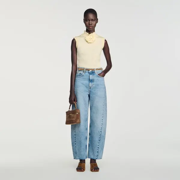 Sandro Smocked Sleeveless T-shirt With Floral Embellishment