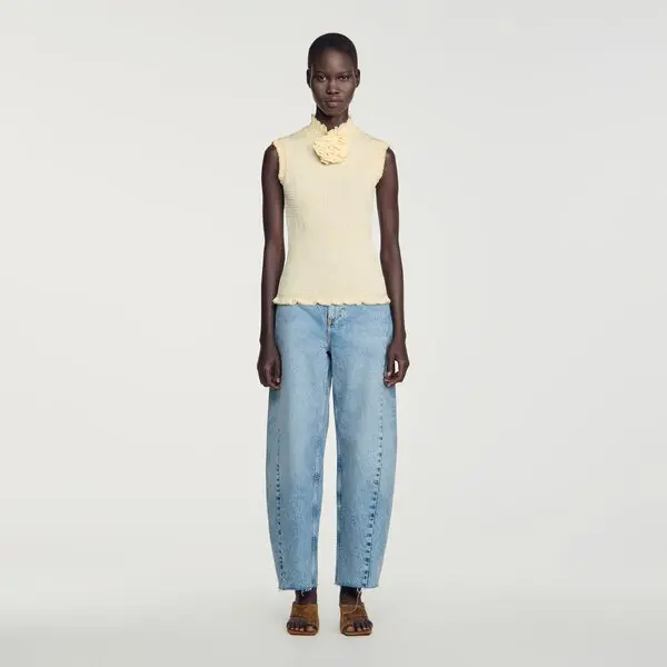 Sandro Smocked Sleeveless T-shirt With Floral Embellishment