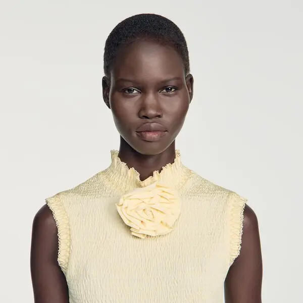 Sandro Smocked Sleeveless T-shirt With Floral Embellishment