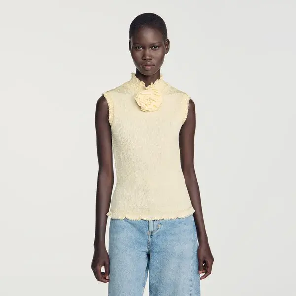Sandro Smocked Sleeveless T-shirt With Floral Embellishment