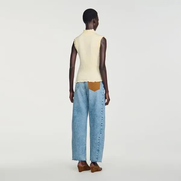 Sandro Smocked Sleeveless T-shirt With Floral Embellishment