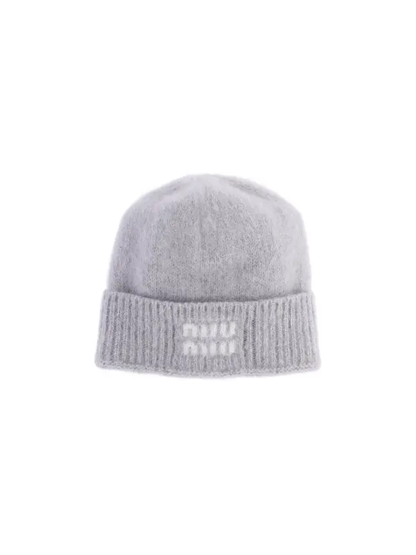 Miu Miu Logo Beanie In Mohair Blend - Gray