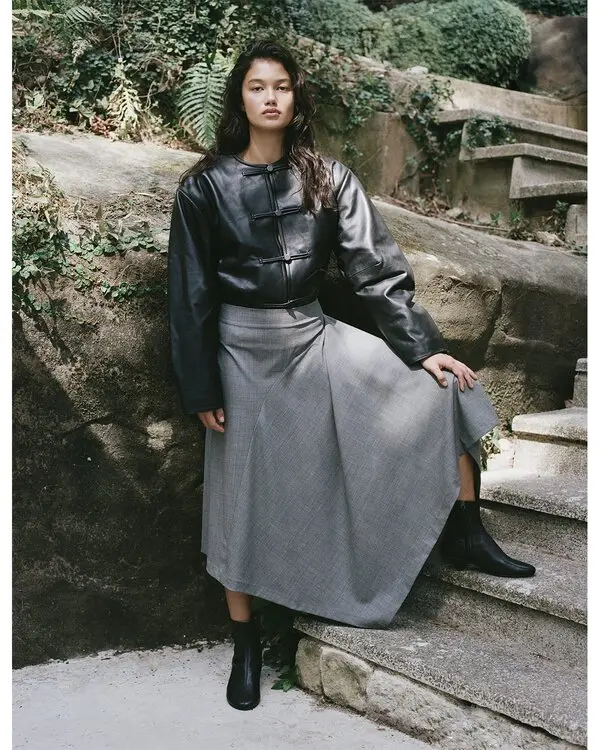 ST. AGNI Leather Button Front Cocoon Jacket