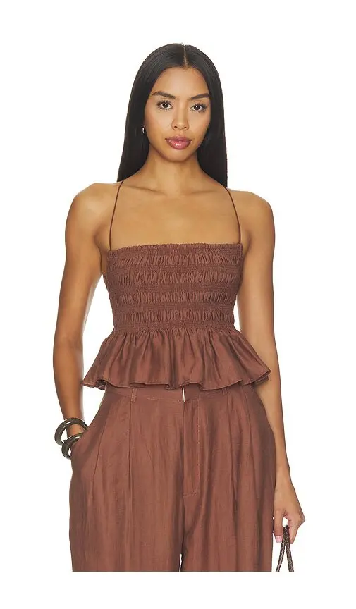 MOTHER OF ALL Taylor Top Shirred Linen Halterneck - Brown