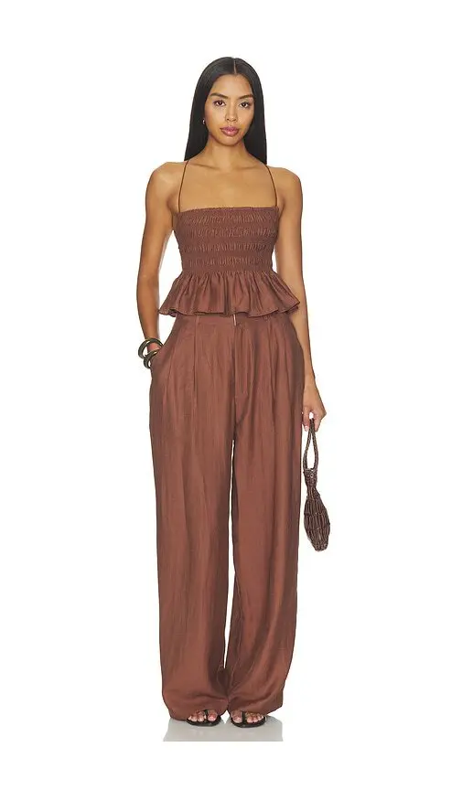 MOTHER OF ALL Taylor Top Shirred Linen Halterneck - Brown