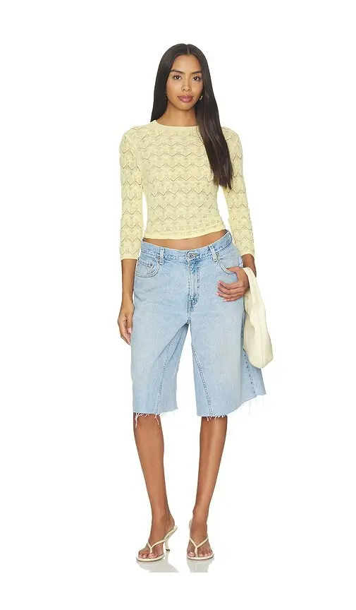 Vince Fine Lace 3/4 Sleeve Crew Neck In Yellow