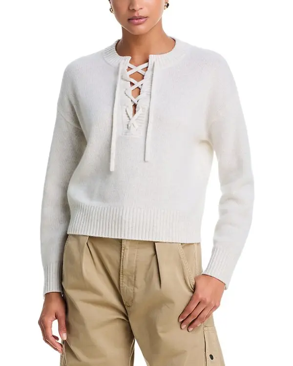 Aqua Cashmere Drop Shoulder Lace Up Sweater - Ash