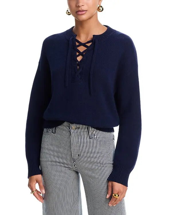 Aqua Cashmere Drop Shoulder Lace Up Sweater Exclusive - Peacoat